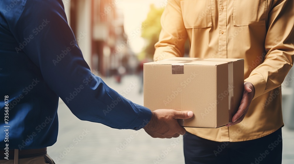 Parcel delivery man of a package through a service. and close up hand ...
