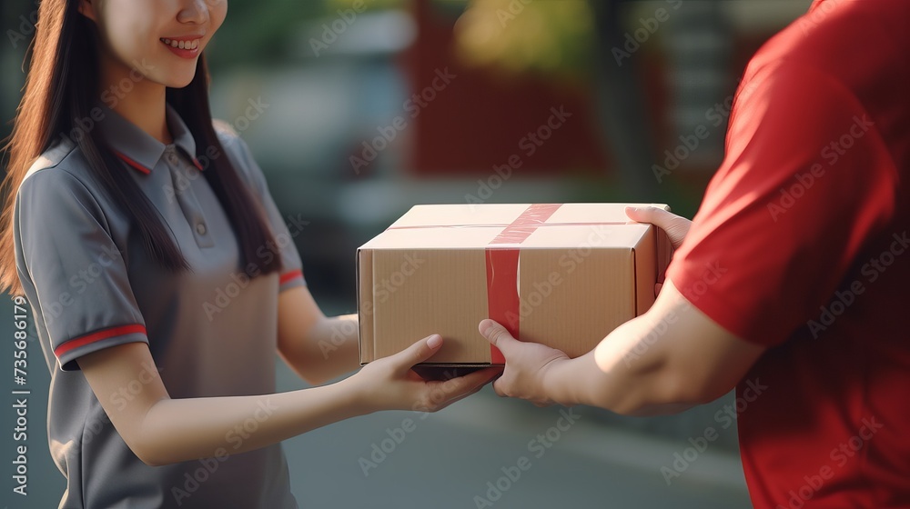 Parcel delivery man of a package through a service. and close up hand ...