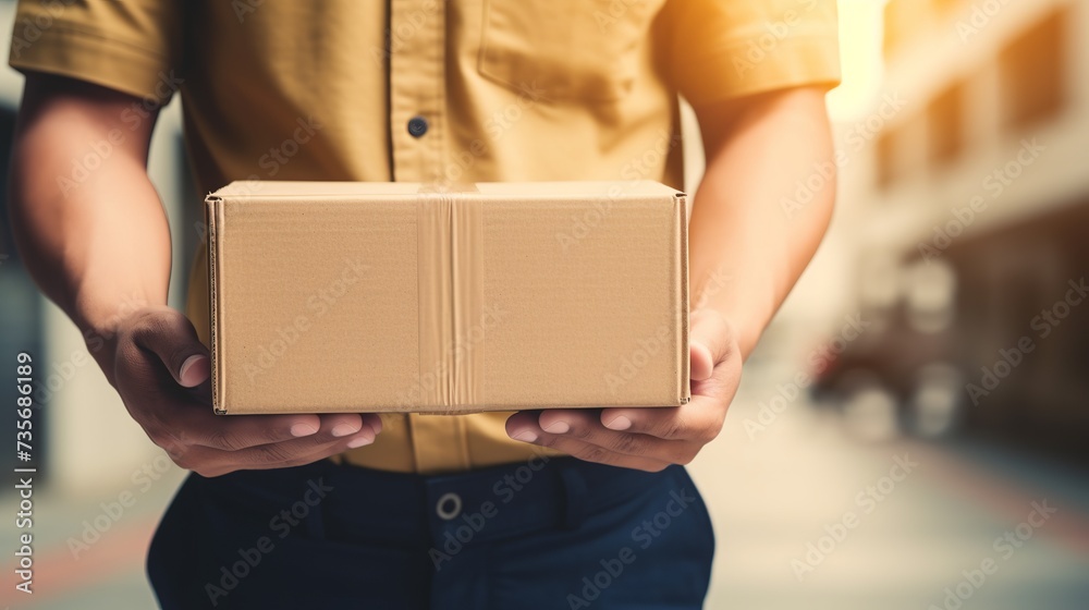 Parcel delivery man of a package through a service. and close up hand ...