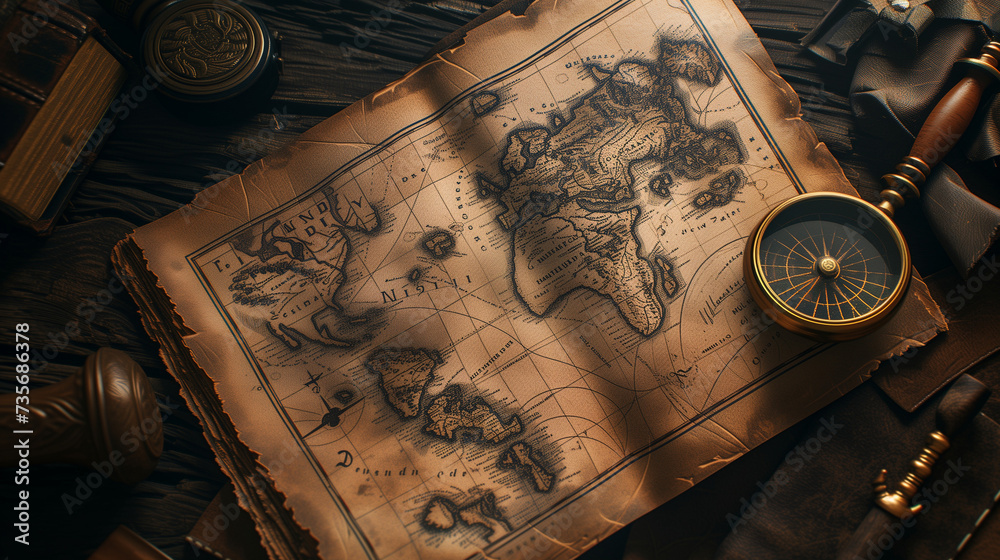Vintage Explorer's Map with Compass and Magnifying Glass - Treasure ...