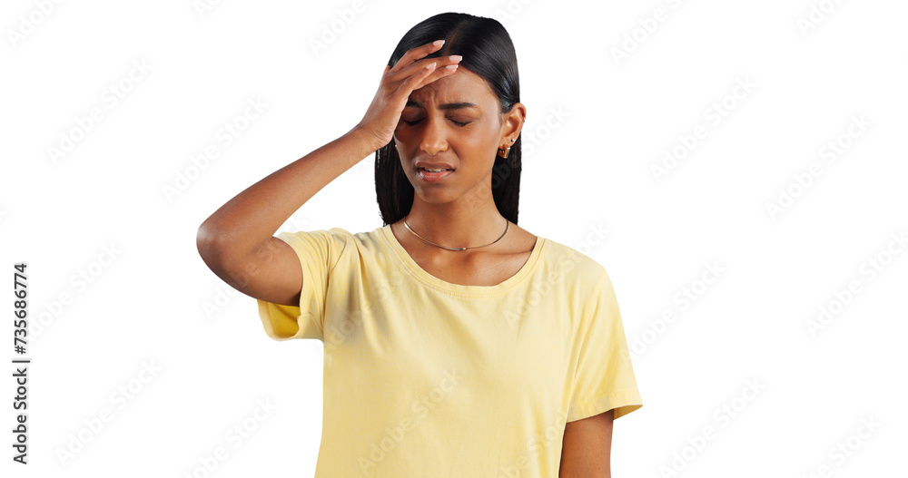 Stress, headache and Indian woman with vertigo, pain or tension os ...