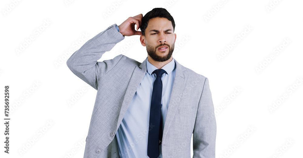 Confused, thinking and business man scratching head with questions on ...