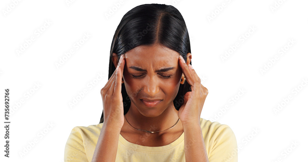 Headache, stress and Indian woman with vertigo, pain or tension os ...