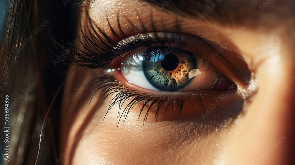 Woman with protective glasses showing one eye in front of camera, brown ...
