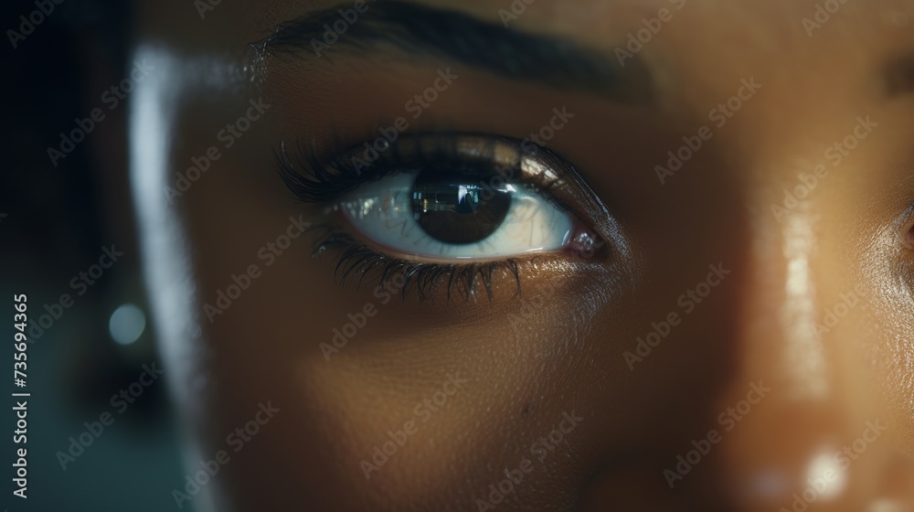 Woman with protective glasses showing one eye in front of camera, brown ...