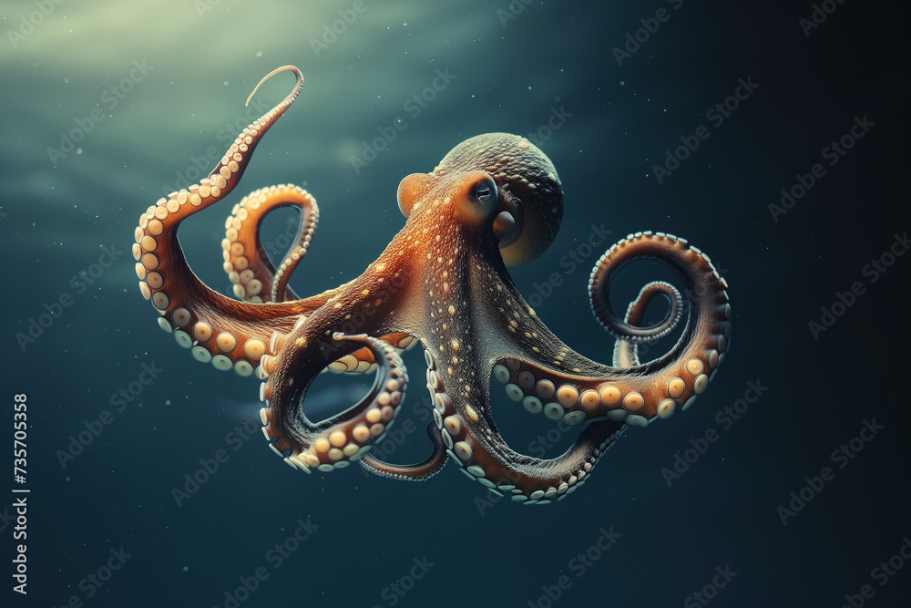 Big dangerous octopus in dark water, spotted sea creature with ...