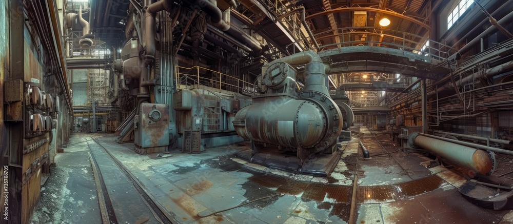 Industrial machine room with a massive processing unit and complex ...