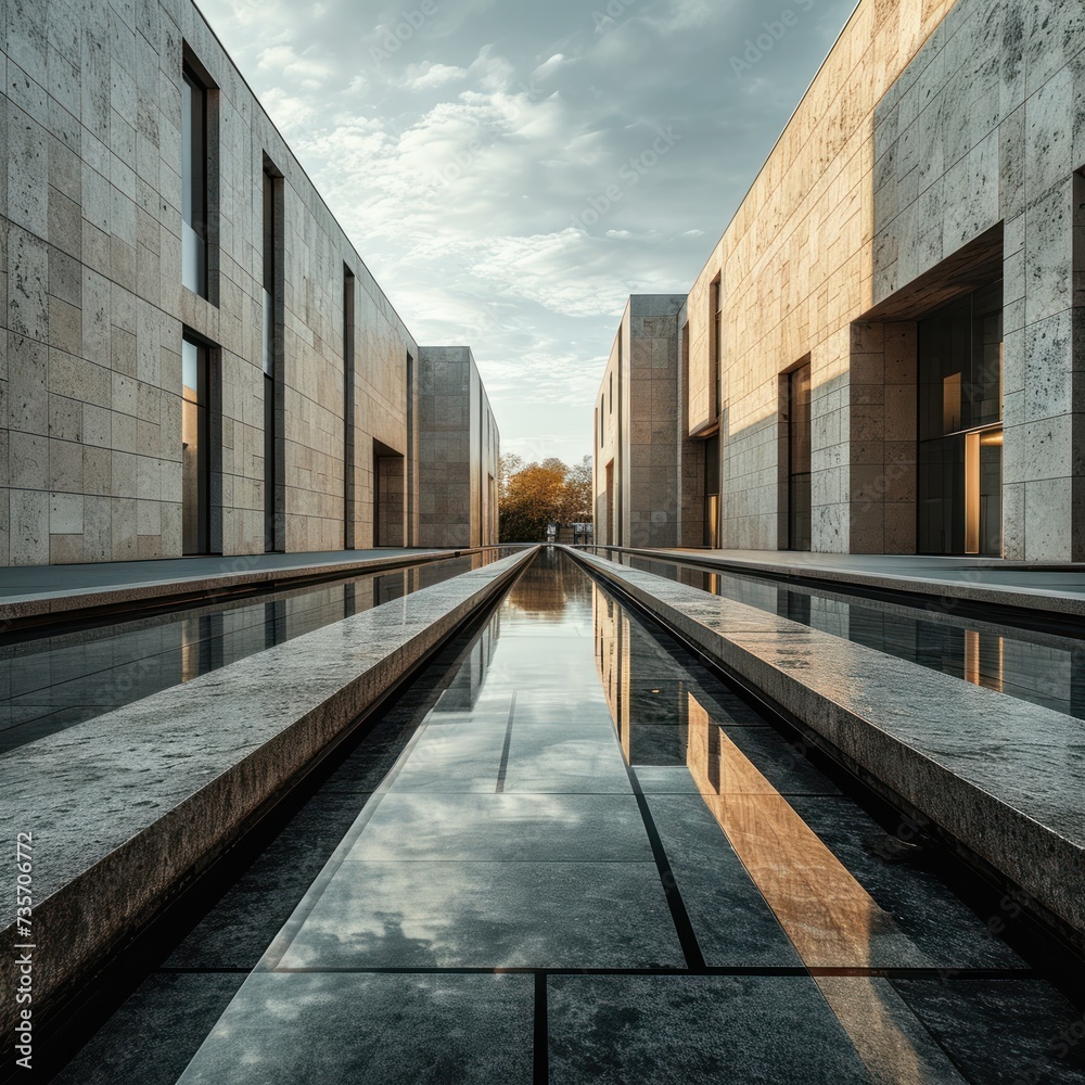 Symmetrical view of modern stone buildings flanking a narrow reflective ...