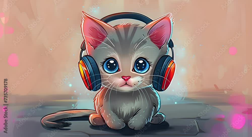 Vidéo Stock Cute cartoon cat in headphones listens to music and dances ...
