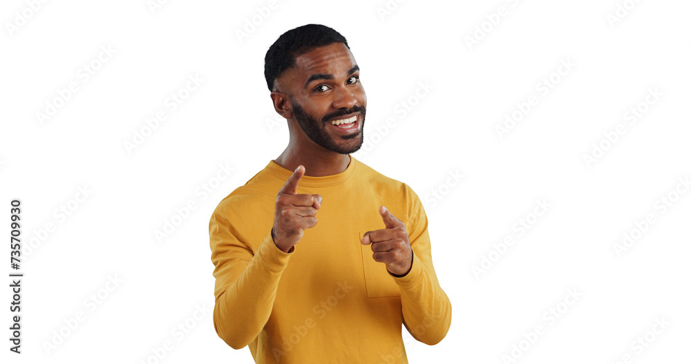 Isolated black man, portrait and point at you for recruitment, choice ...