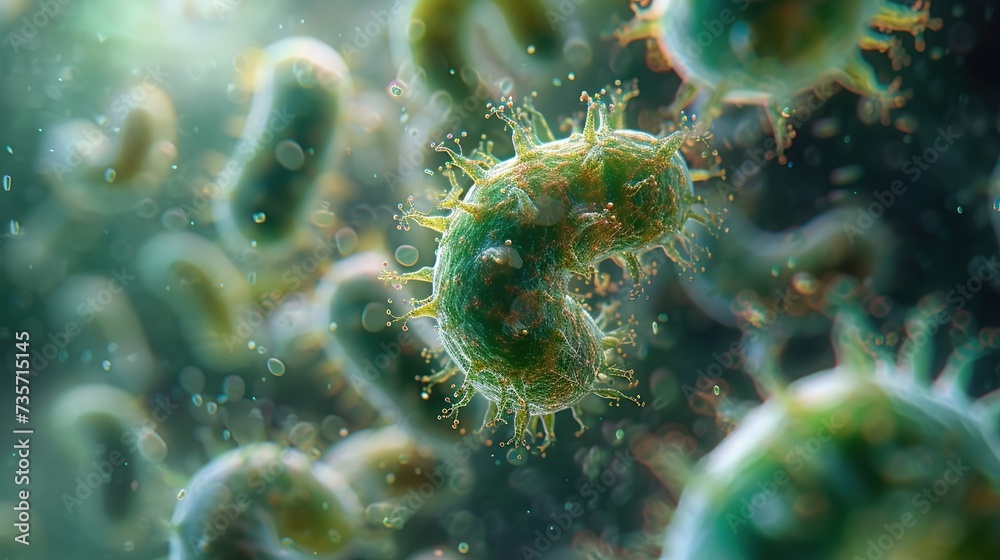 3D render of common cold virus under a microscope in the human body ...