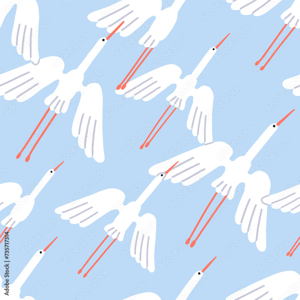 Flying birds flock, seamless pattern design. Herons, cranes in sky ...
