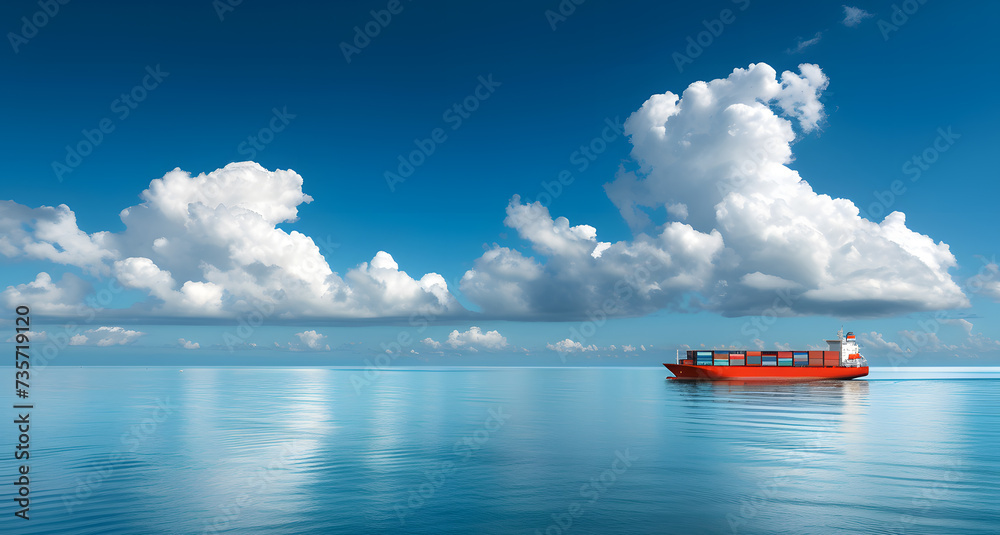 Container Ship on Clear Blue Ocean Under Clouds, Bright red container ...