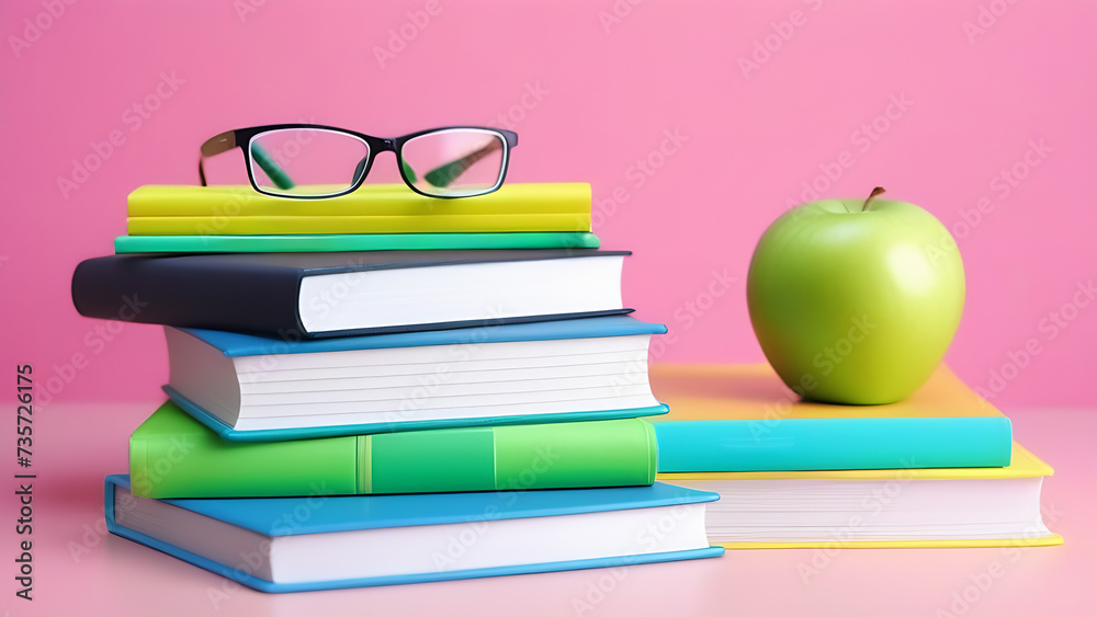 Pink school bag, glasses, apple and stack of books with free space for ...