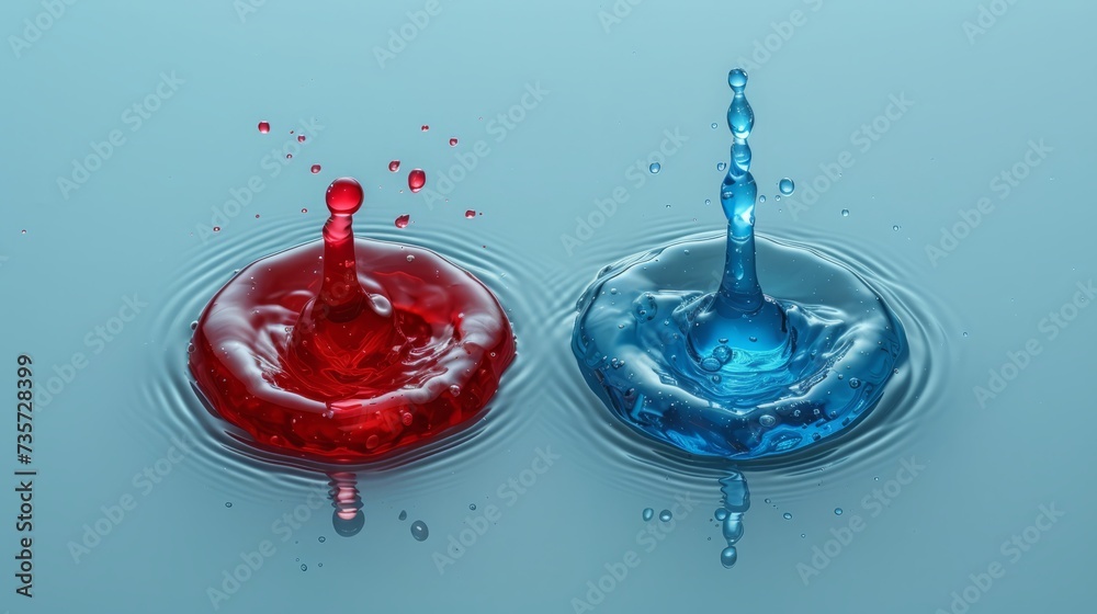 Blue and Red liquid splatter on White Surface, Bold and vibrant primary ...