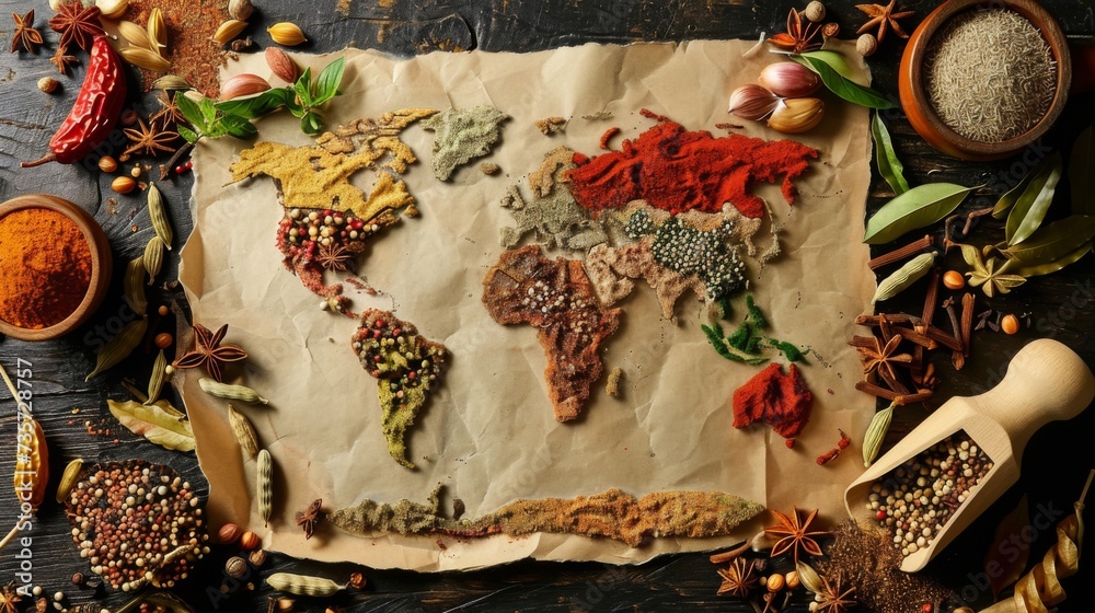 World map made of spices and herbs. All continents of the food world ...