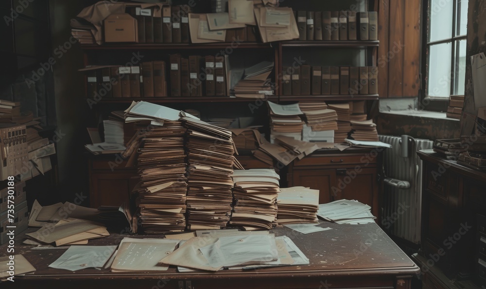 Piles of documents and folders cluttering a desk, illustrating the ...