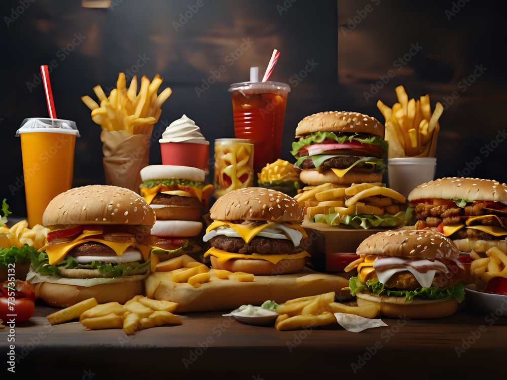a table topped with different types of fast food, super realistic food ...