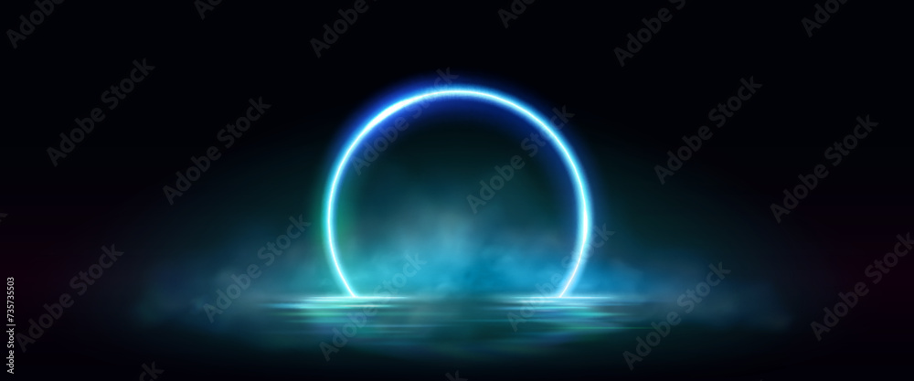 Neon circular arch frame with smoke over water surface with reflections ...