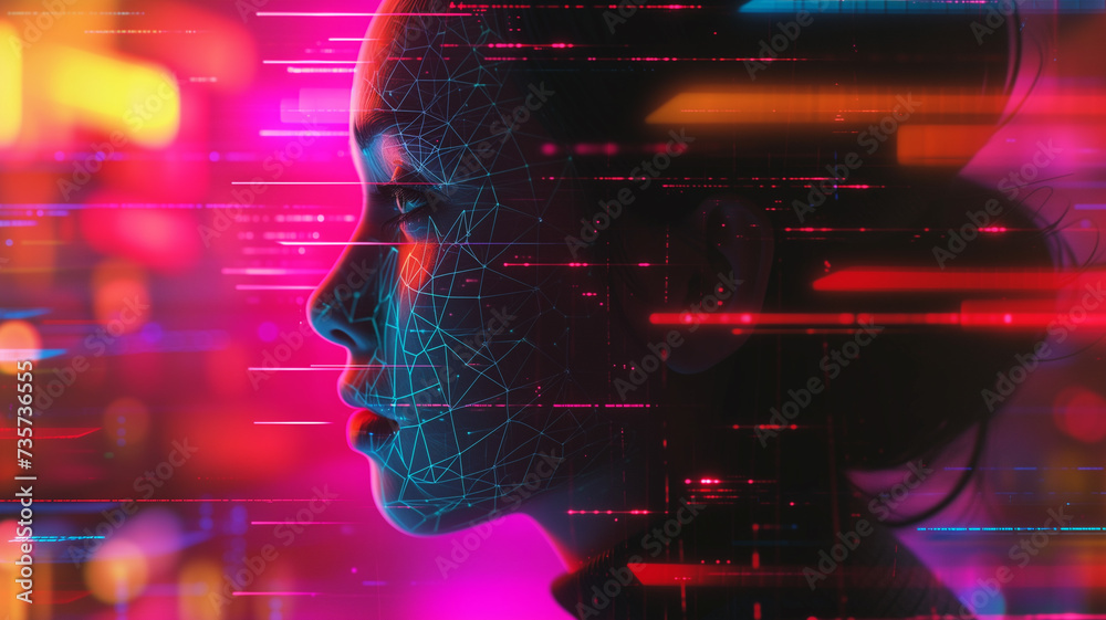 Digital art concept portraying a female profile with cybernetic ...