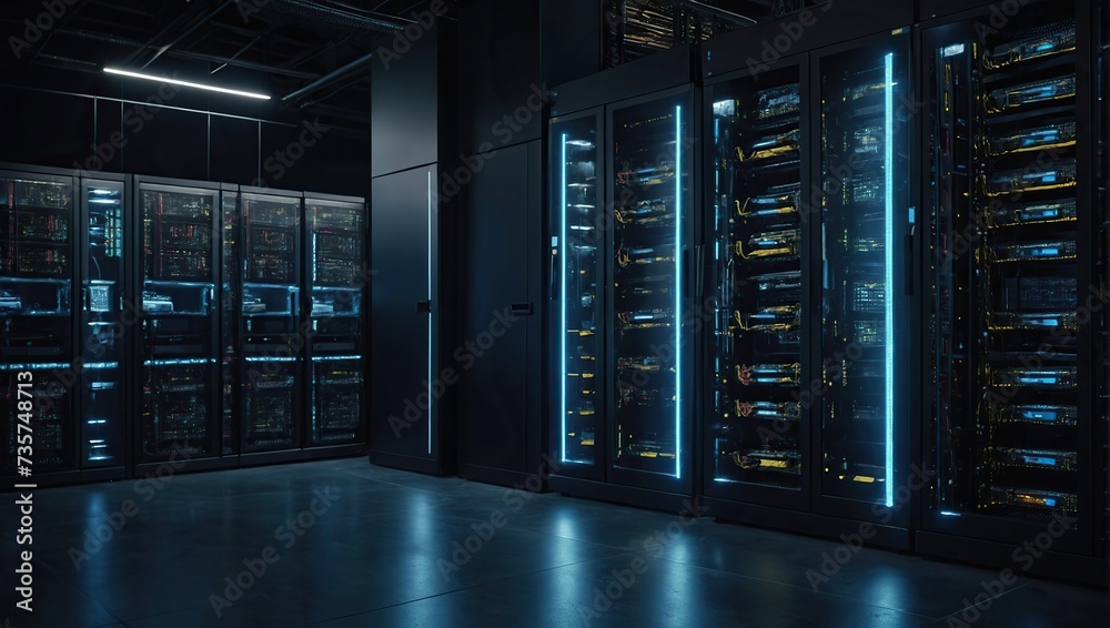 Modern Data Technology Center Server Racks in Dark Room with VFX ...