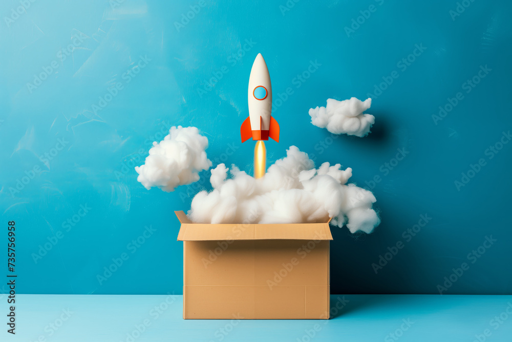 3D model of rockets taking off from an empty cardboard box on a ...