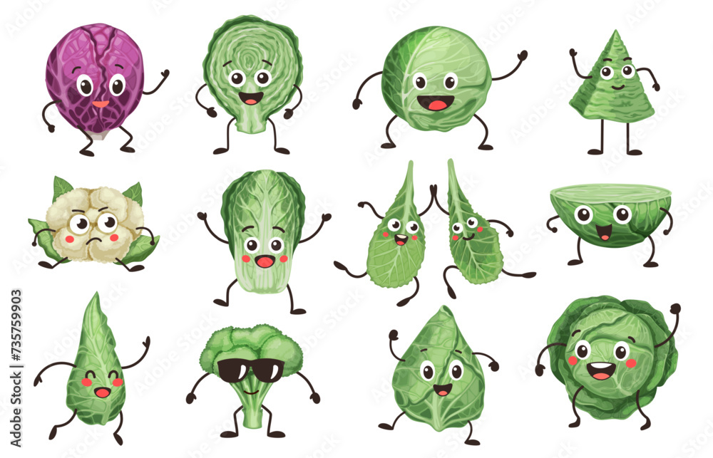 Cartoon cabbage characters. Vegetable faces with different emotions ...