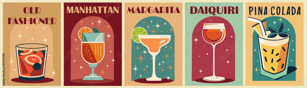 Cocktails Retro Poster Set Manhattan Old Fashioned Pina Colada