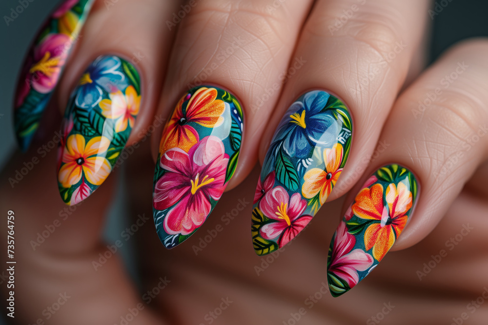 Beautiful modern coloured manicure on long nails female hand examples ...