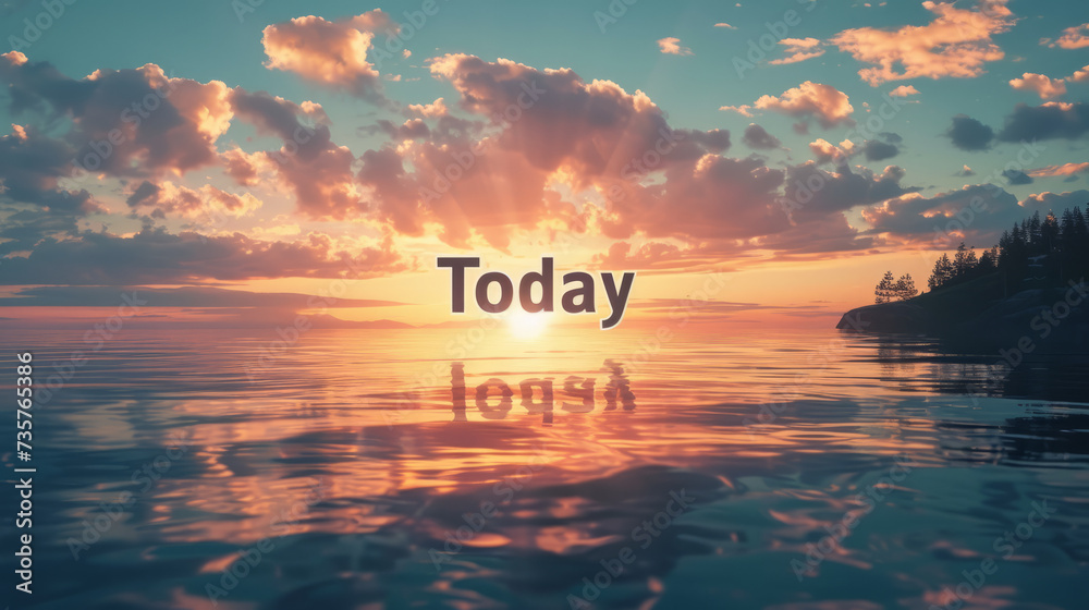 Today background with sunrise over the sea with word Today written in ...