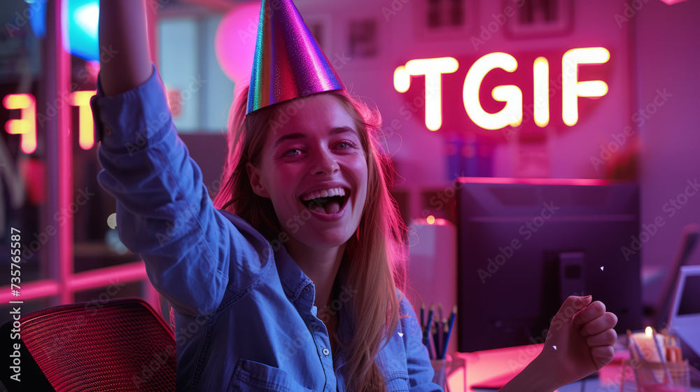 Business woman celebrating the start of weekend at office on Friday ...