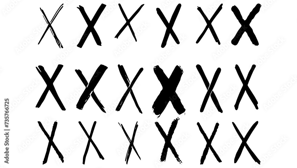 X hand drawing mark set. Hand drawn crossed brush strokes. Cross sign ...