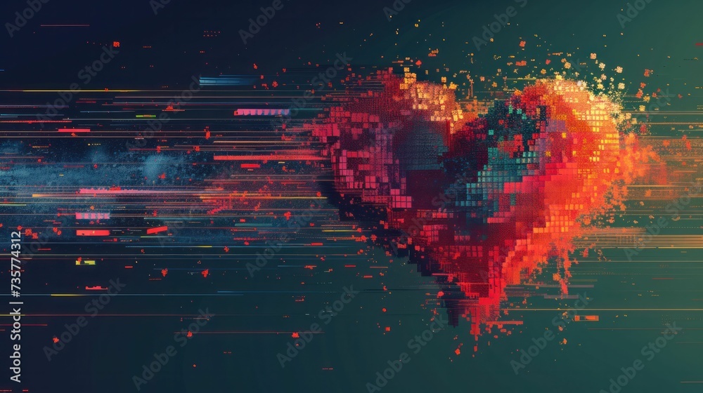 ภาพประกอบสต็อก Glitch art flat design of a pixelated heart, with static ...