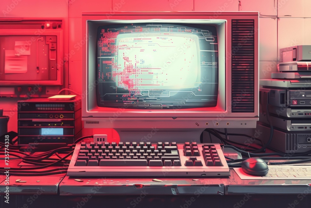 Glitch art flat design of old-school computer setup, with CRT monitor ...