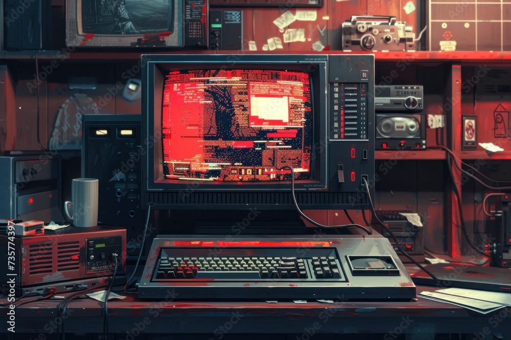 Vintage computer aesthetics in glitch art, CRT displays with digital ...