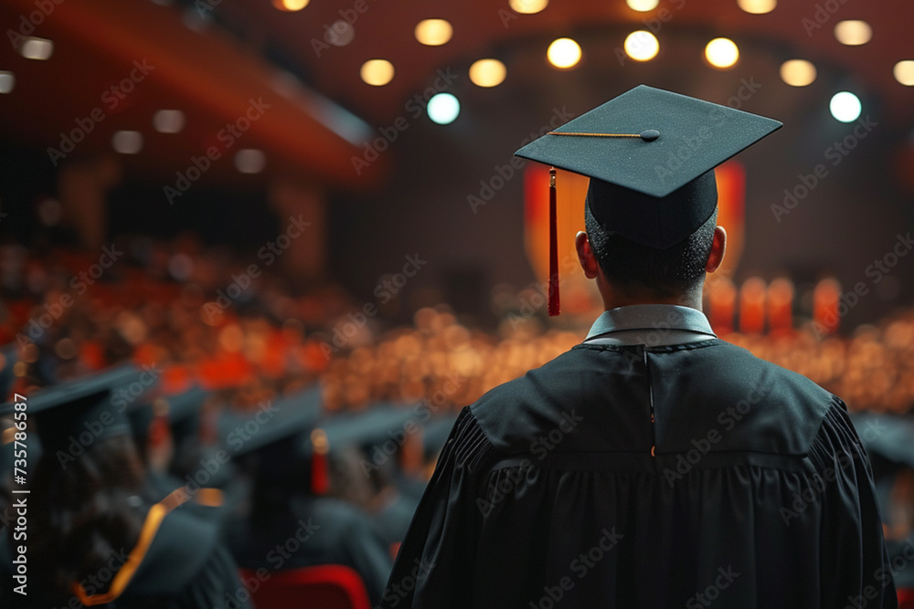 Graduate Overlooking Ceremony Hall Full of Students.Rear view of a ...