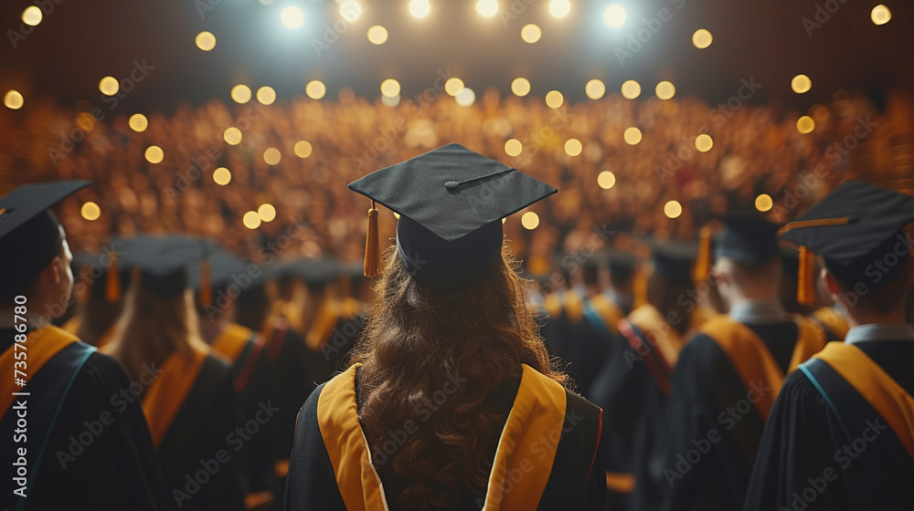 Graduate Overlooking Ceremony Hall Full of Students.Rear view of a ...