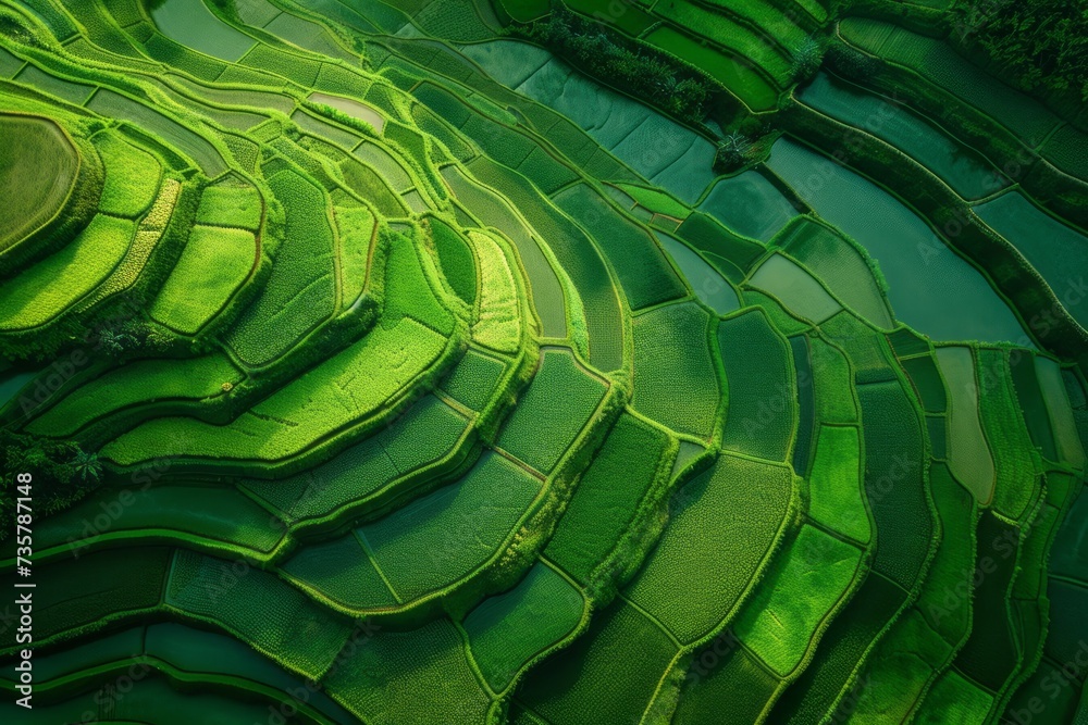 Bird's-eye view of rice fields, dreamlike landscape of rice cultivation ...