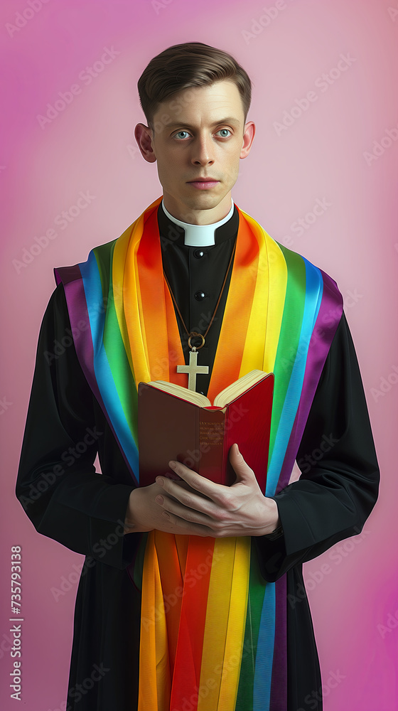 Priest with bible, in black clerical clothing and rainbow colored stole ...