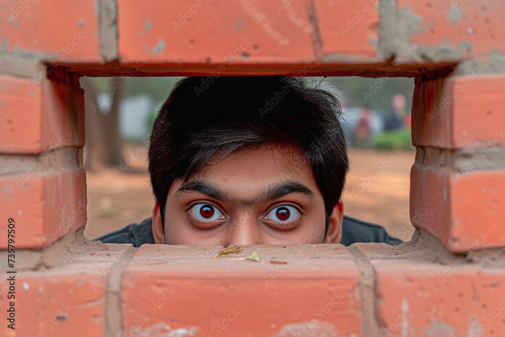 Fictional man peeking out from behind a brick wall. Concept of playful ...