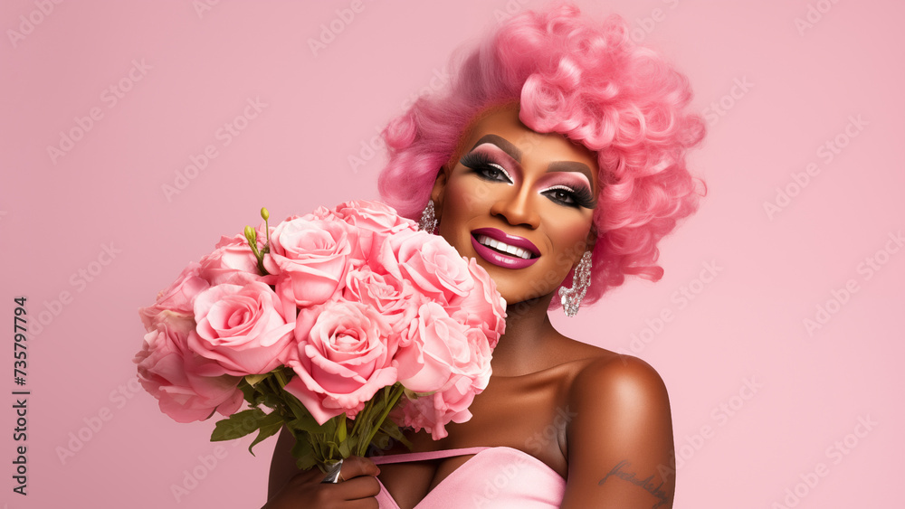 Drag Queen with pink hair with a bouquet of pink roses on a pastel ...