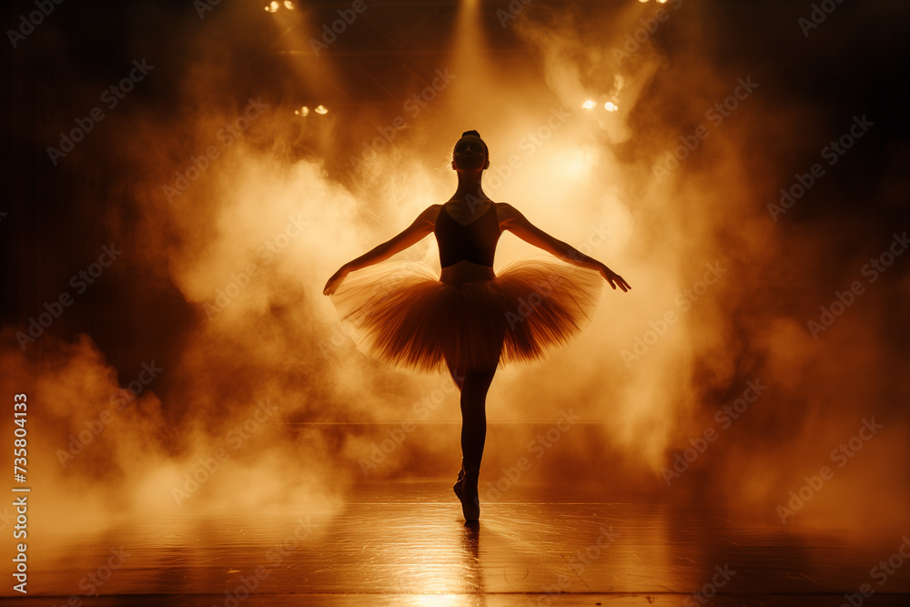 Beautiful young ballerina in tutu dancing on stage with spotlights ...