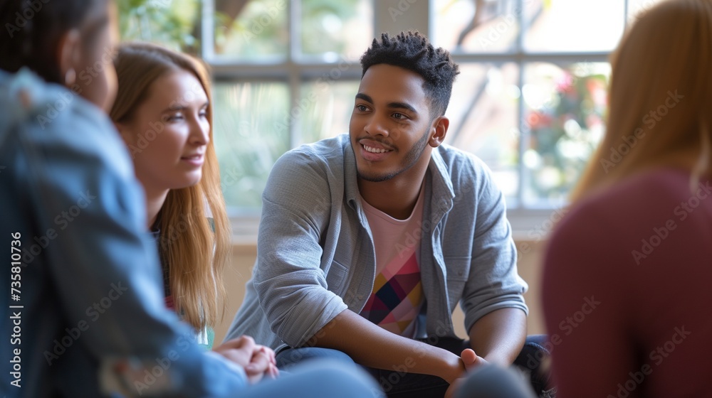 A young man engaging in a supportive group therapy session, listening ...