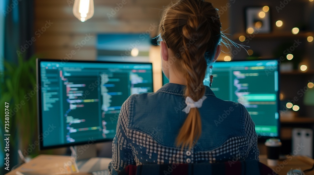 Focused female programmer working on code across dual monitors in a ...
