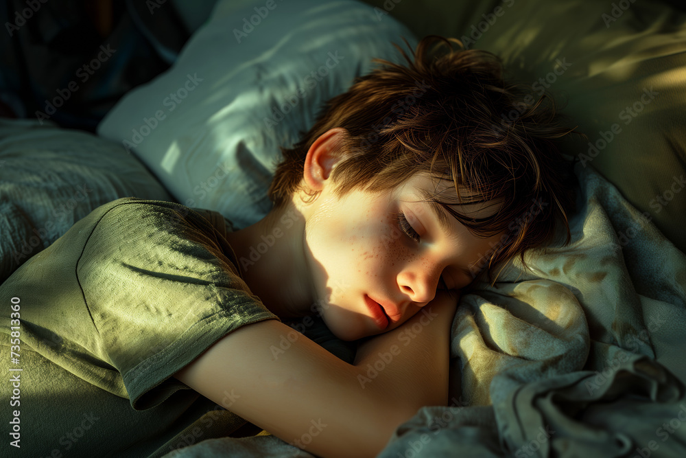 Sleeping sweaty young boy, laying sick in his bed - Generative AI Stock Photo | Adobe Stock