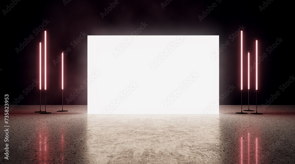 Glowing white screen flanked by red vertical lights on a dark stage ...