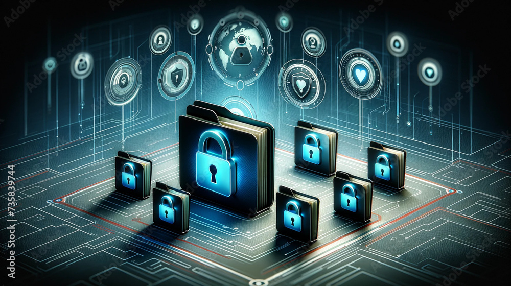 Locked Data Files, screen displaying a series of file icons lock symbol. Digital interface ...
