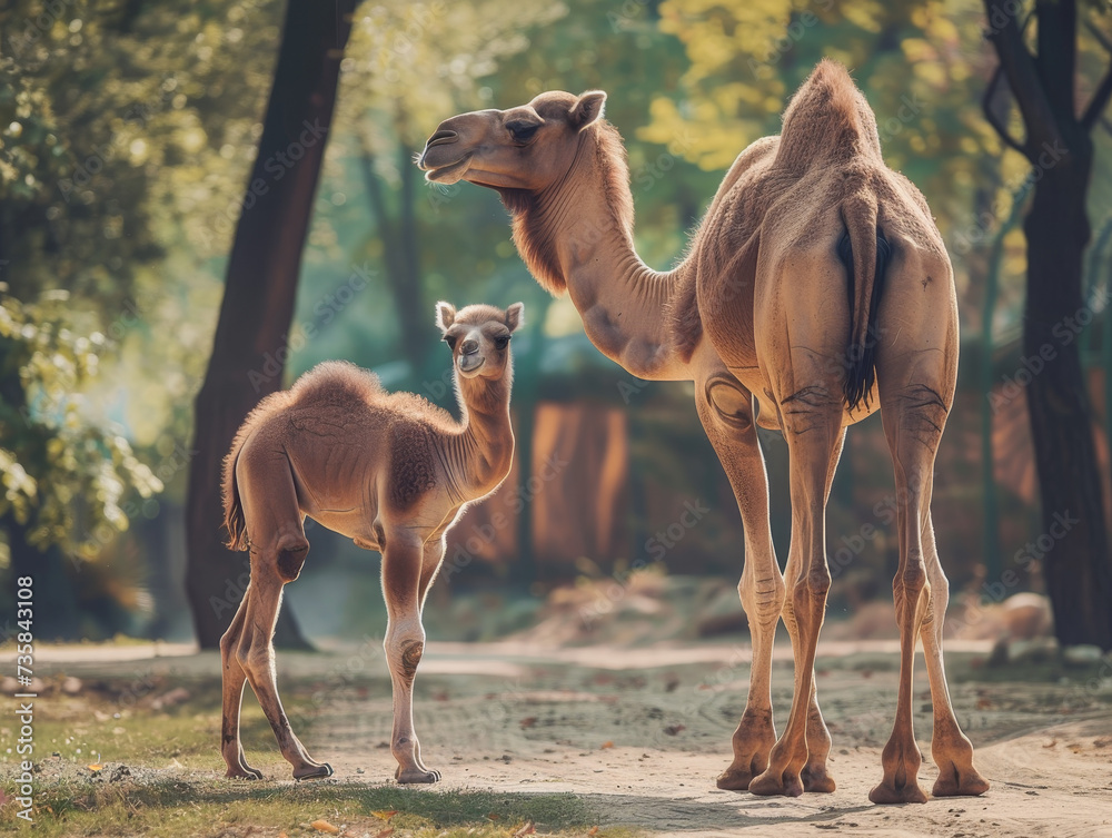 An affectionate moment between a dromedary camel and its calf amidst ...
