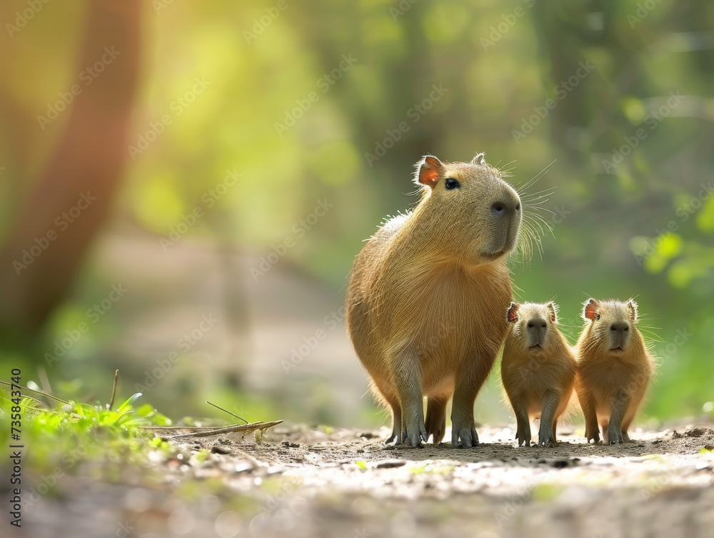 Capybara mother and two babies casually walking along a forest path ...