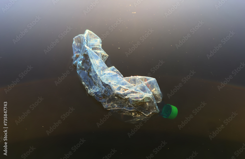 Marine plastic pollution. Plastic waste in lake. Microplastics ...